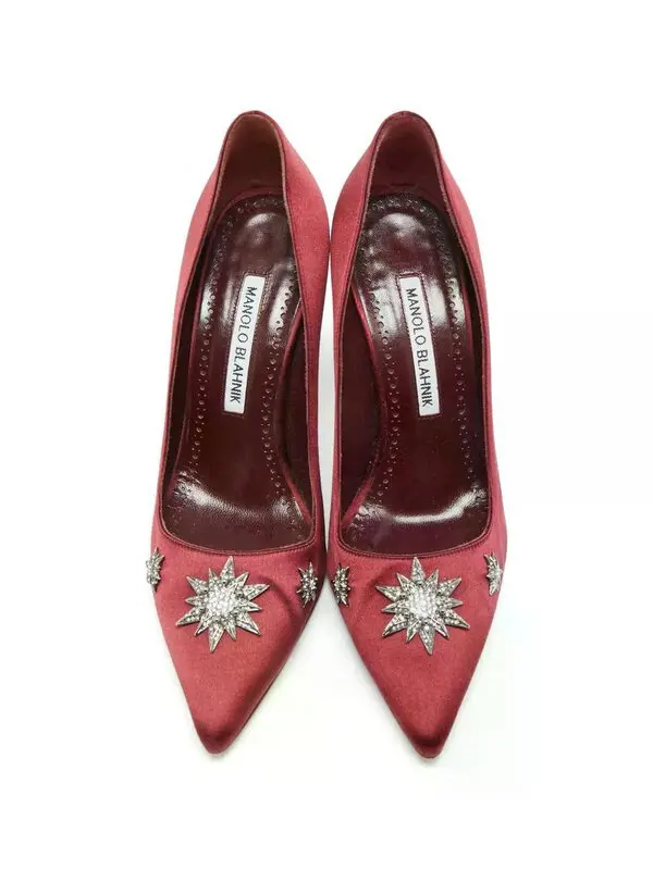 Manolo Blahnik Burgundy Satin Star Embellished Stiletto Pumps