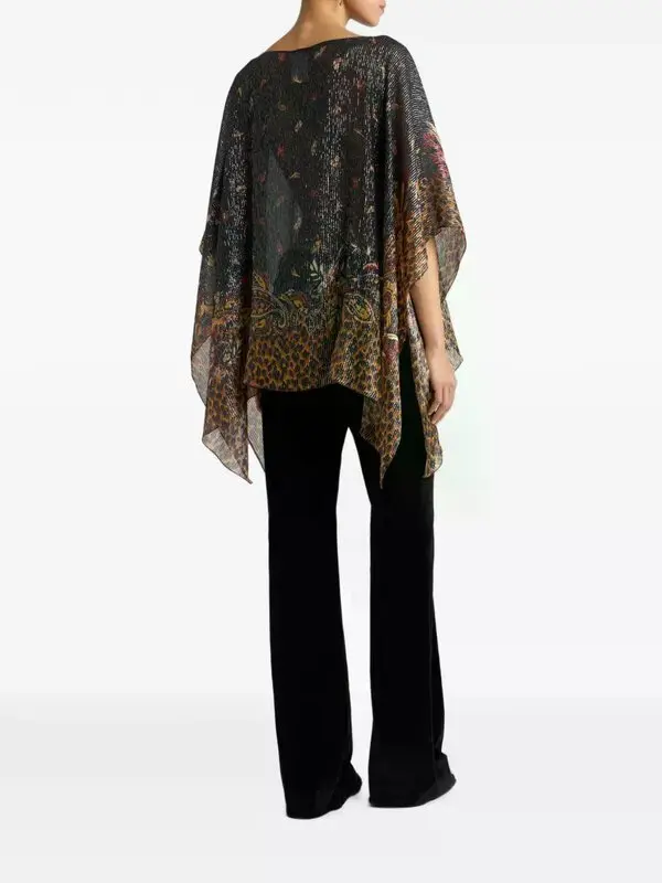Etro Silk Twill Poncho Top With Striped Animal And Paisley Motif - Black