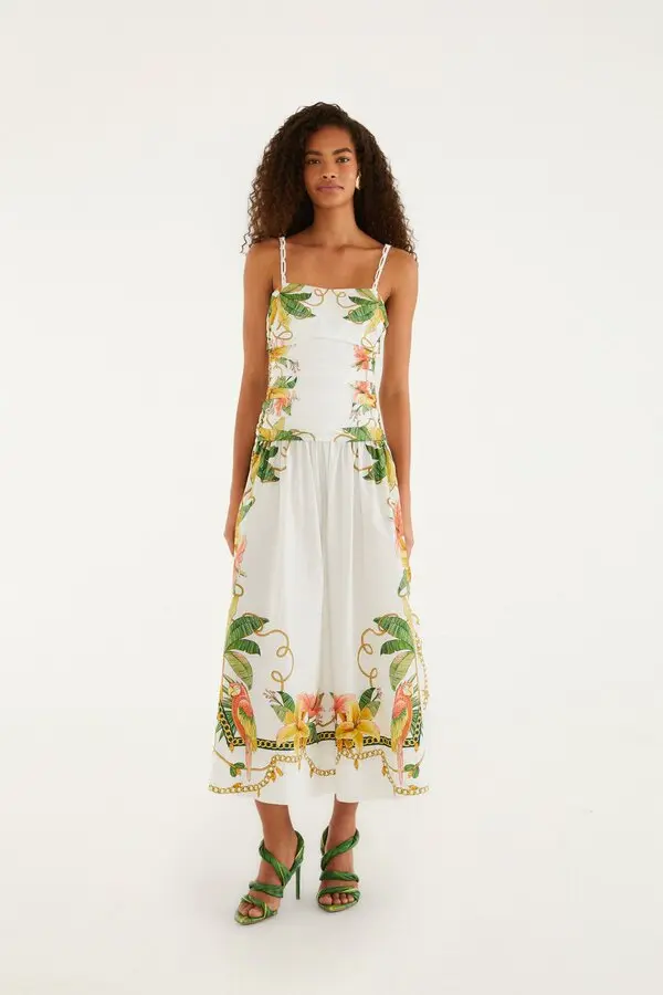 Farm Rio Tropical Royalty Off-white Midi Dress Sleeveless - Orange