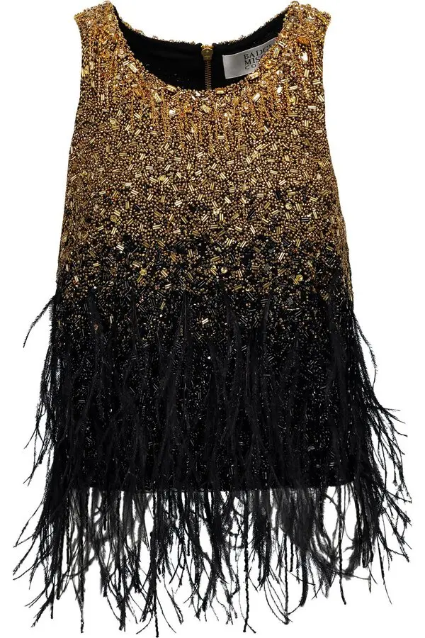 Badgley Mischka Feathertrimmed Embellished Tulle Top - Black