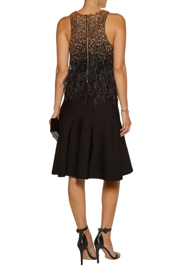 Badgley Mischka Feathertrimmed Embellished Tulle Top