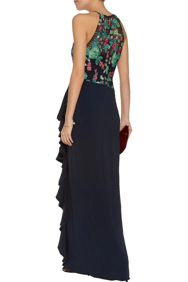 Badgley Mischka Embroidered Mesh And Stretchcrepe Gown