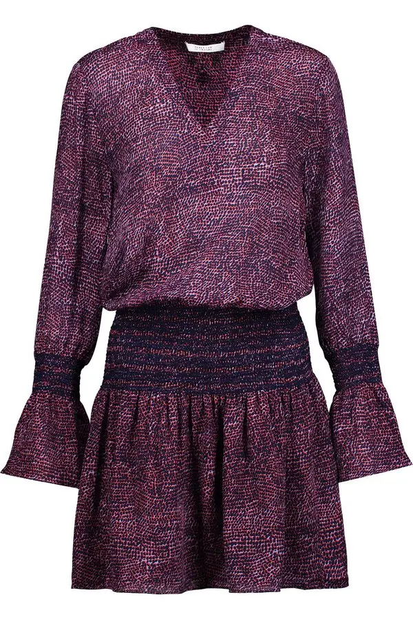 Derek Lam 10 Crosby Pleated Smocked Printed Silk Crepe De Chine Mini Dress - Grape
