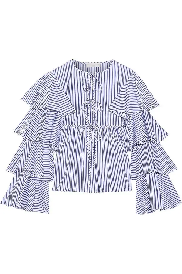 Caroline Constas Nina Ruffled Striped Cotton Oxford Jacket