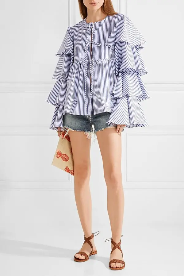 Caroline Constas Nina Ruffled Striped Cotton Oxford Jacket