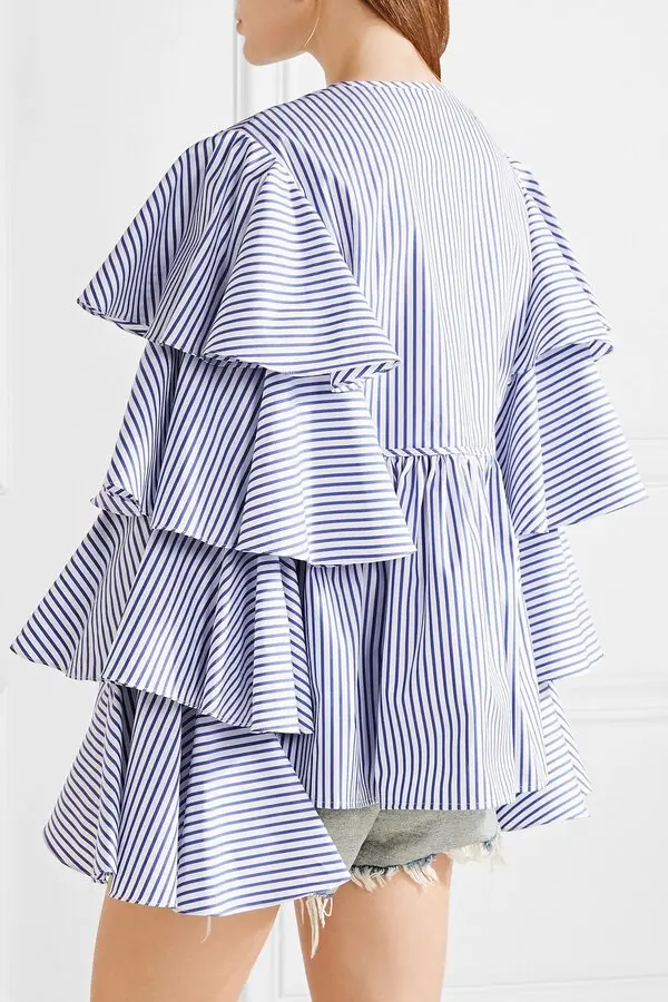 Caroline Constas Nina Ruffled Striped Cotton Oxford Jacket