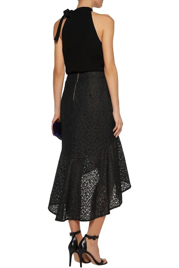 Rebecca Vallance Asymmetric Ruffled Corded Lace Midi Skirt