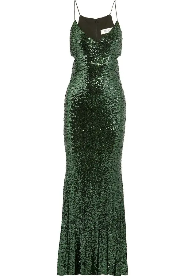 Badgley Mischka Cutout Sequined Tulle Gown - Emerald