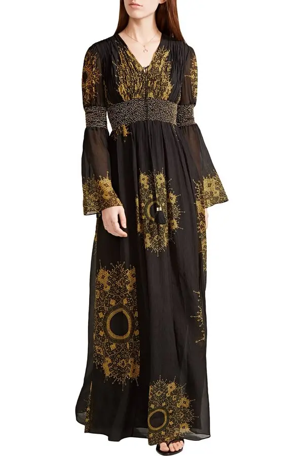 Rachel Zoe Blair Embellished Printed Crinkled Silk Chiffon Maxi Gown