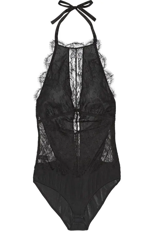 I.D. Sarrieri Belle Du Jour Chantilly Lace And Georgette Halterneck Bodysuit - Black