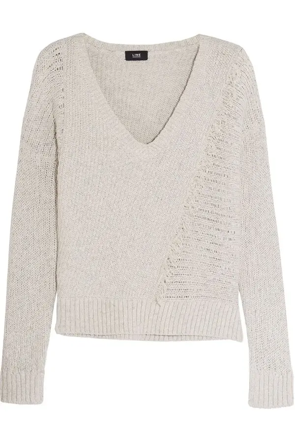 Line Fringed Openknit Cotton Sweater
