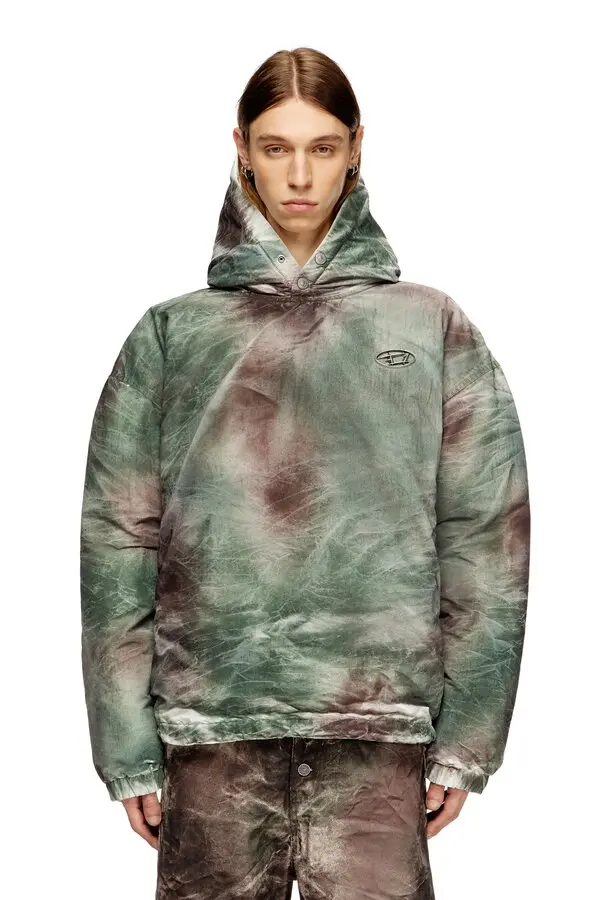DIESEL® Puffy Hooded Jacket In Camo Nylon - Multicolor