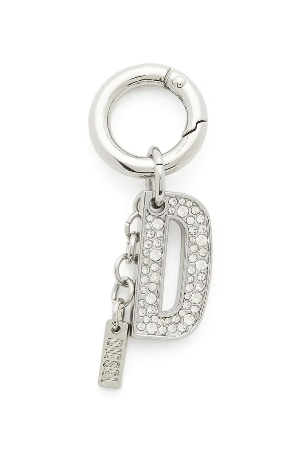 DIESEL® Crystal Embellished D Charm With Logo Tag Keyring - Silver