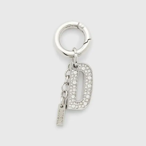 DIESEL® Crystal Embellished D Charm With Logo Tag Keyring - Silver