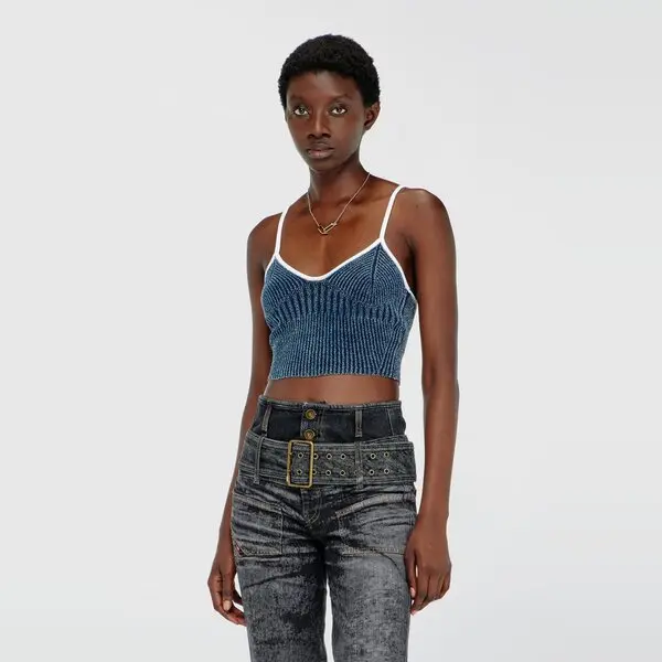 DIESEL® Indigo Bouclé Ribbed Knit Cropped Top With Spaghetti Straps - Multicolor