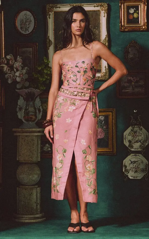 Agua Bendita Linen Floral Wrap Maxi Skirt