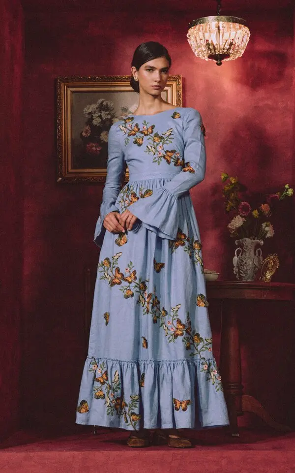 Agua Bendita Embroidered Linen Maxi Dress
