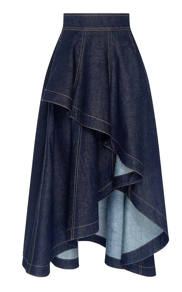 Zimmermann Clash Denim Cotton-blend Peplum Midi Skirt