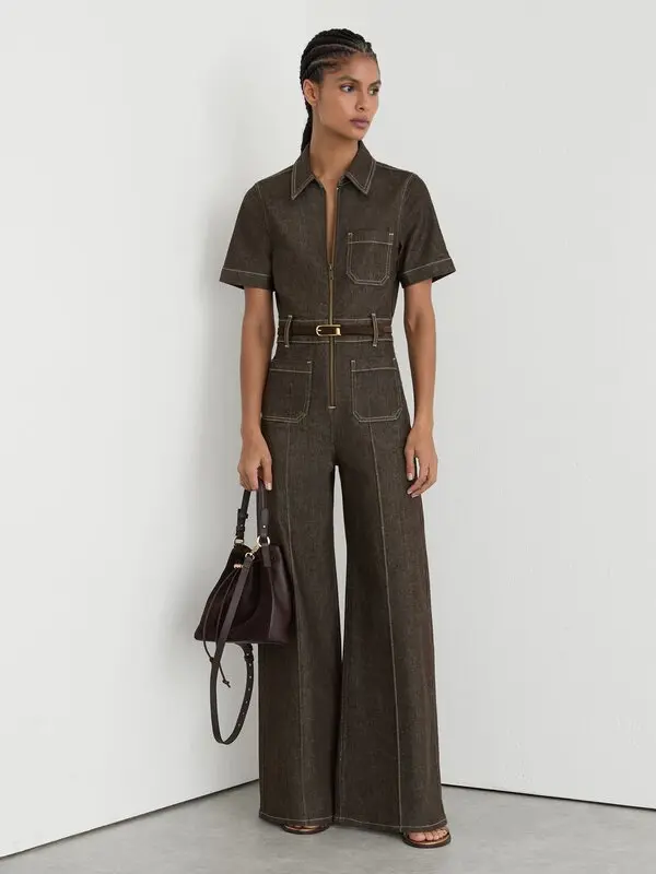 REISS Danie Denim Wide-leg Jumpsuit - Chocolate Brown