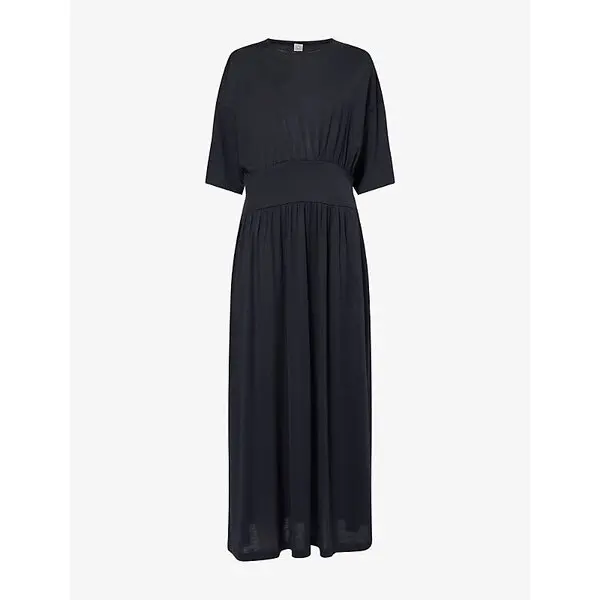 TOTEME Short-sleeve Cotton And Silk Midi Dress - Black
