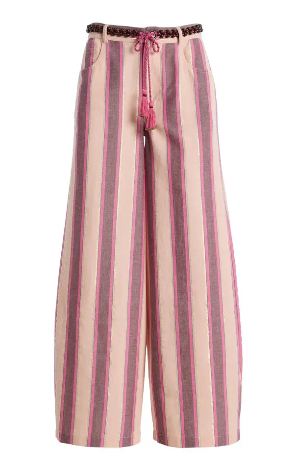 ILIO NEMA Wide Leg Striped Cotton Pants With Beaded Drawstring - Pink