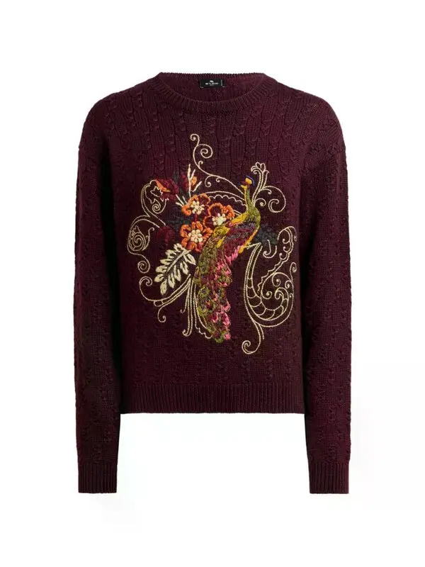 Etro Cropped Cable-knit Cashmere-blend Sweater With Peacock Embroidery