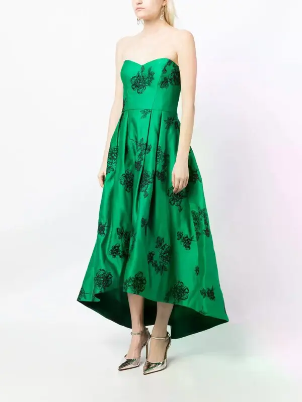 Marchesa Strapless Midi Dress With Floral Embroidery