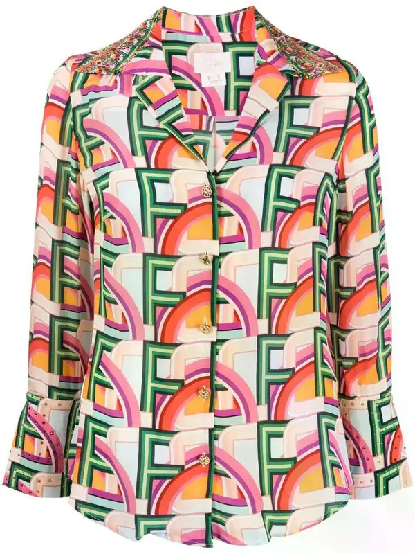 Camilla Silk Graphic Print Embellished Pajama Shirt