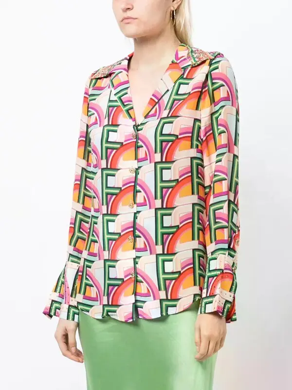 Camilla Silk Graphic Print Embellished Pajama Shirt