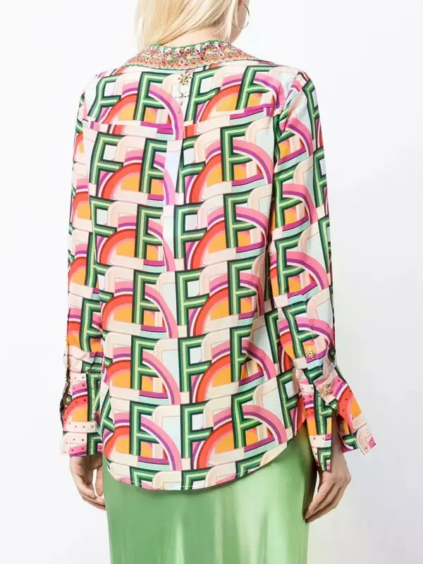 Camilla Silk Graphic Print Embellished Pajama Shirt