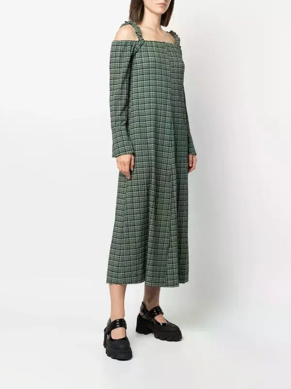 GANNI Seersucker Cold-shoulder Dress