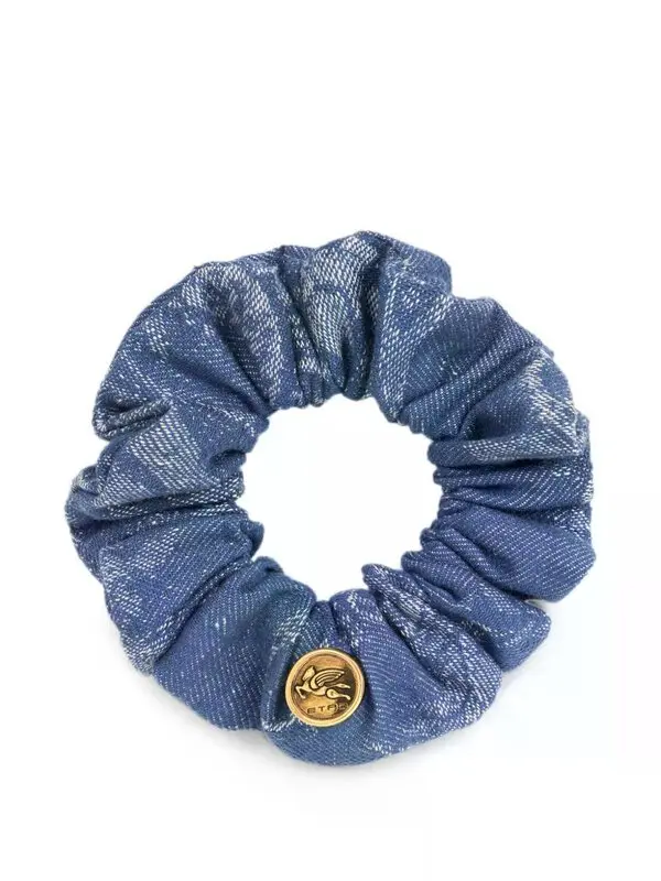 Etro Cotton And Linen Jacquard Denim Scrunchie With Leafy Motif - Blue