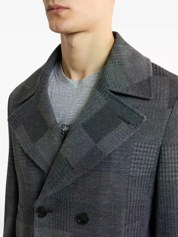 Etro Cotton And Wool Jacquard Pea Coat With Check Motif