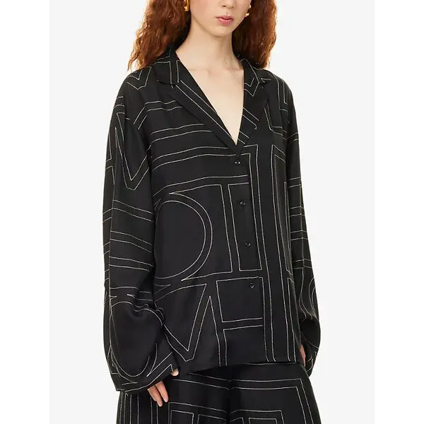 TOTEME Camp Collar Embroidered Silk Shirt - Black