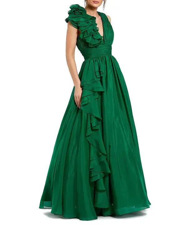 Mac Duggal Petite Ruffle Shoulder V-neck Chiffon Gown