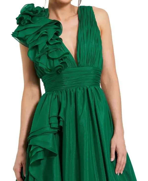 Mac Duggal Petite Ruffle Shoulder V-neck Chiffon Gown