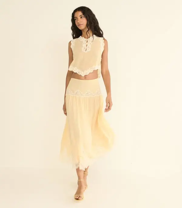 DÔEN Giorgine Silk Georgette Lace Tiered Midi Skirt