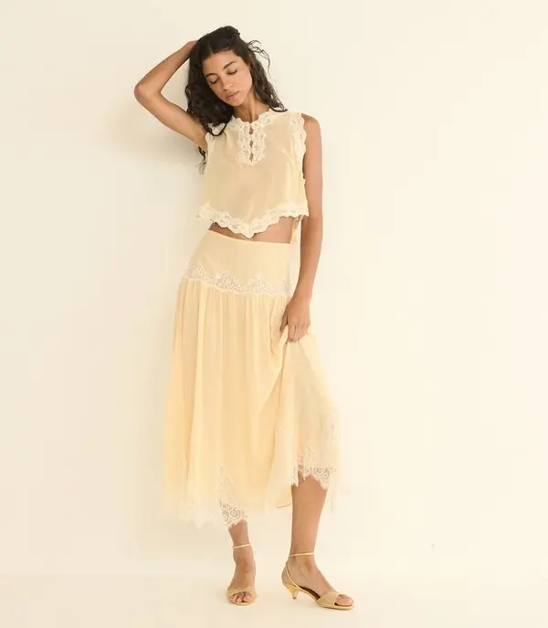 DÔEN Giorgine Silk Georgette Lace Tiered Midi Skirt