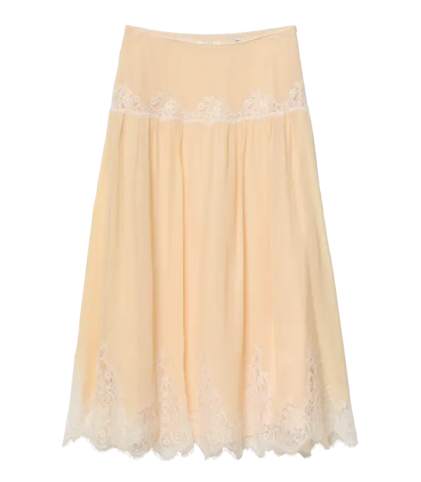 DÔEN Giorgine Silk Georgette Lace Tiered Midi Skirt