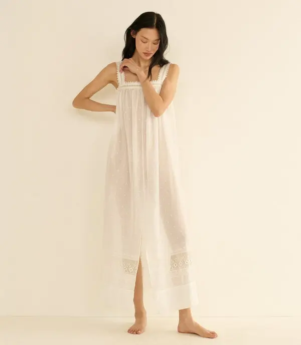DÔEN Elarie Dress In Organic Cotton Voile With Embroidery And Lace - Salt