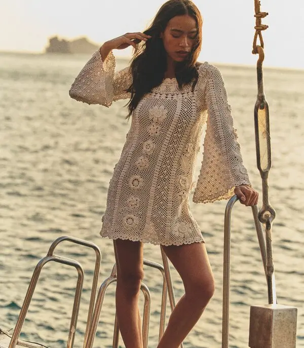 DÔEN Remiette Crochet Mini Dress With Bell Sleeves