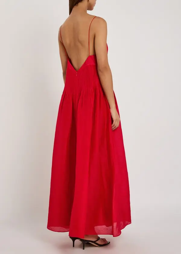 Tory Burch Pleated Linen And Silk-blend Maxi Dress - Bright Red