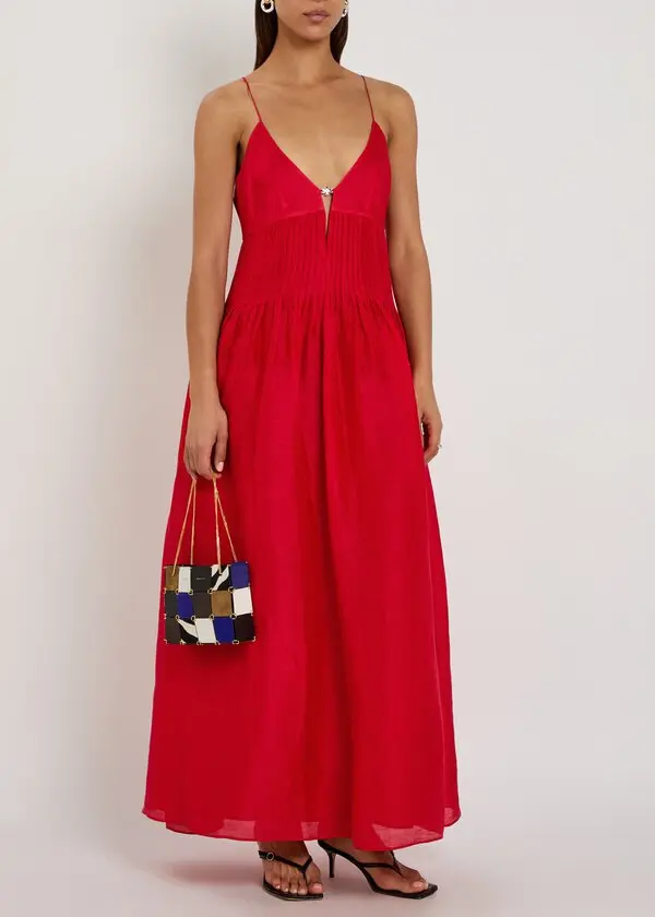 Tory Burch Pleated Linen And Silk-blend Maxi Dress - Bright Red