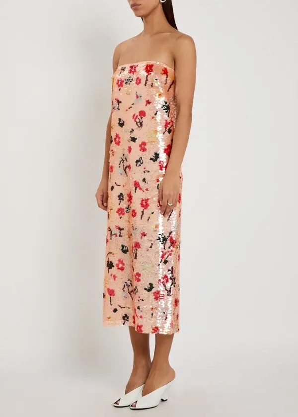 Tory Burch Strapless Sequin Floral Midi Dress