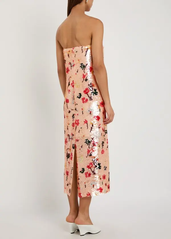 Tory Burch Strapless Sequin Floral Midi Dress