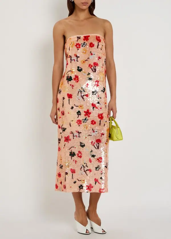 Tory Burch Strapless Sequin Floral Midi Dress