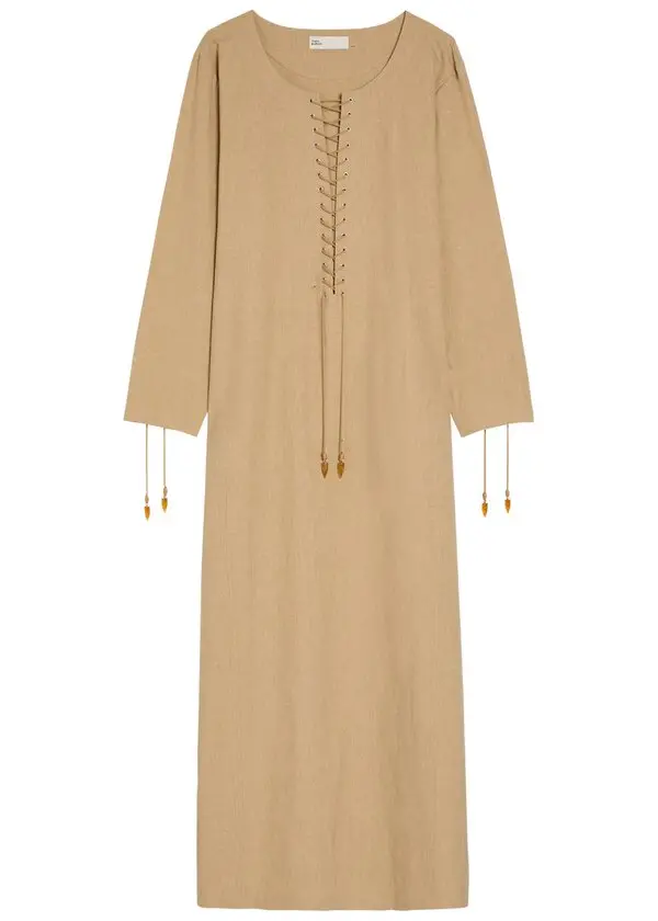 Tory Burch Lace-up Linen-blend Maxi Tunic Dress - Sand
