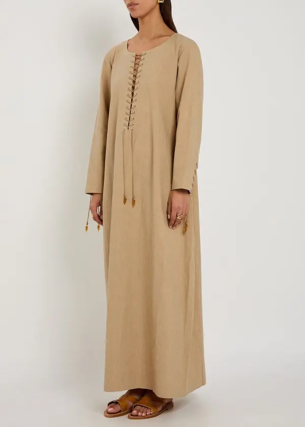 Tory Burch Lace-up Linen-blend Maxi Tunic Dress - Sand