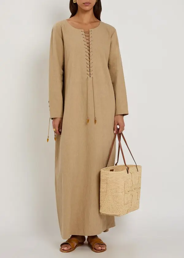 Tory Burch Lace-up Linen-blend Maxi Tunic Dress - Sand