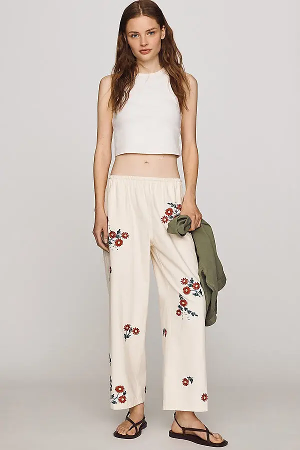 The Great. Embroidered Cotton Wide Leg Pants - White